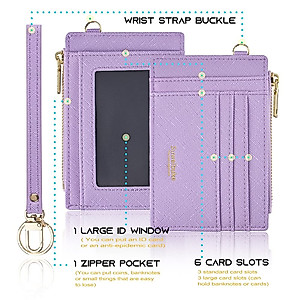 Wikavanli Women Slim Rfid Blocking Credit Card Case Holder Wristlet Zip ID Case Wallet Small Compact Leather Wallet Coin Purse with Keychain (Light Purple a)