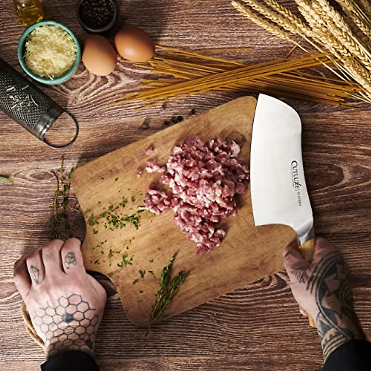 CUTLUXE Cleaver Knife - 7" Vegetable and Meat Butcher Knife - Olive Wood Handle – Full Tang – Olivery Series