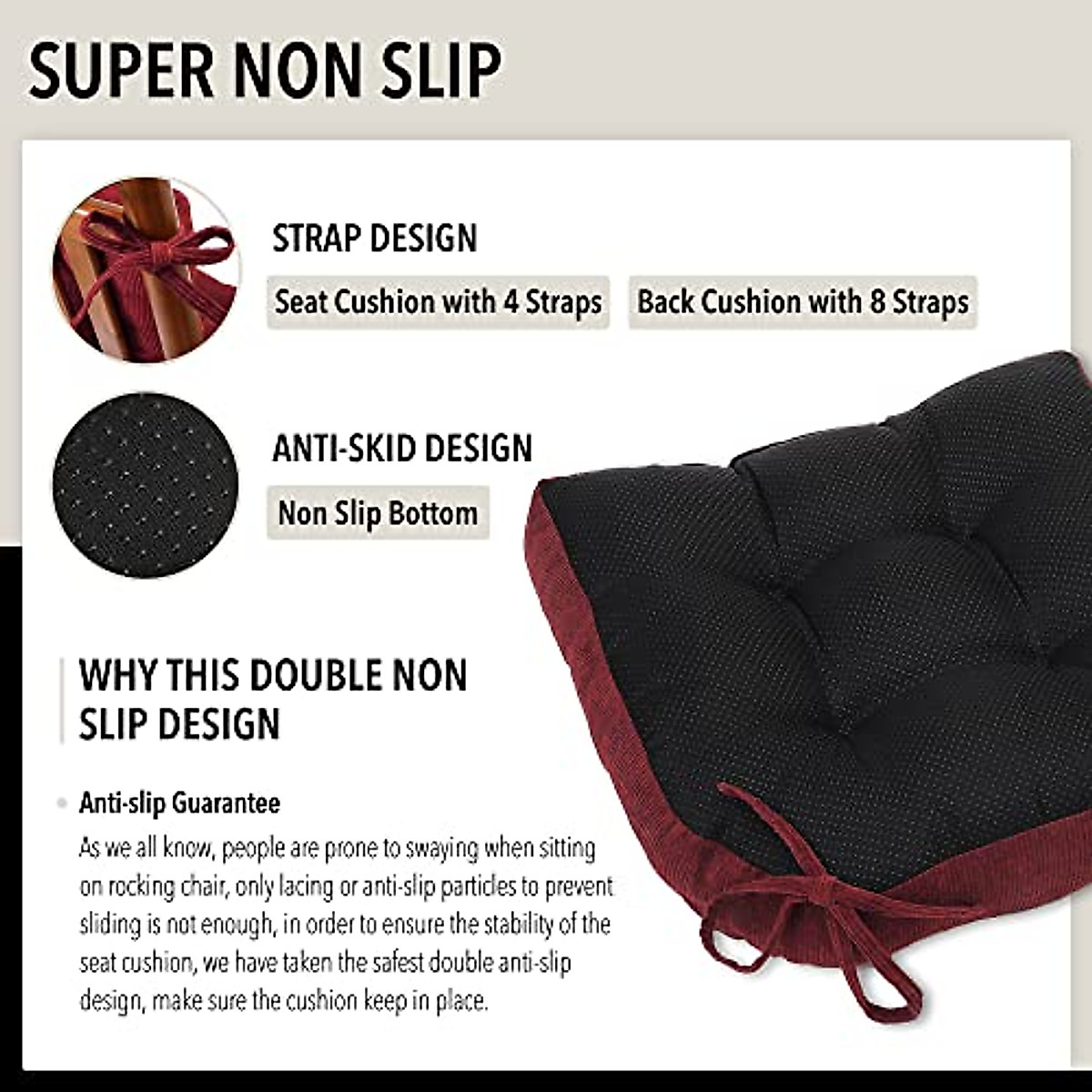 Tromlycs Indoor Rocking Chair Cushion for Rocking Chair Pads Back and Seat Sets with Ties 2 Piece Red