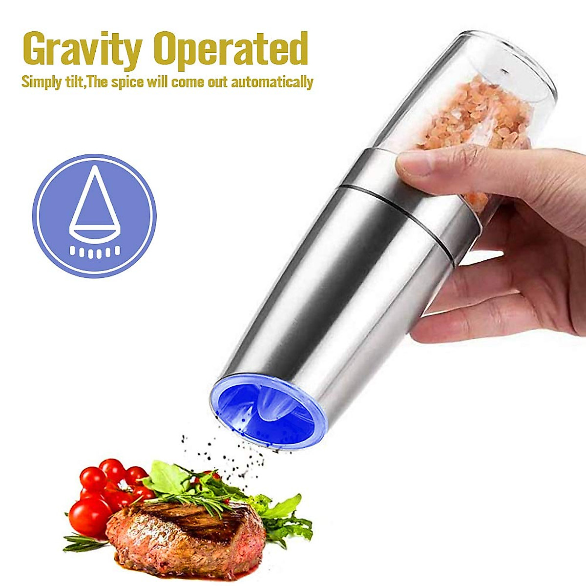 AVNICUD Electric Salt and Pepper Grinder, Automatic Pepper Mill, Gravity Salt Grinder, Battery-Operated with Adjustable Coarseness, LED Light, One Hand Operated (Silver 2Pack)