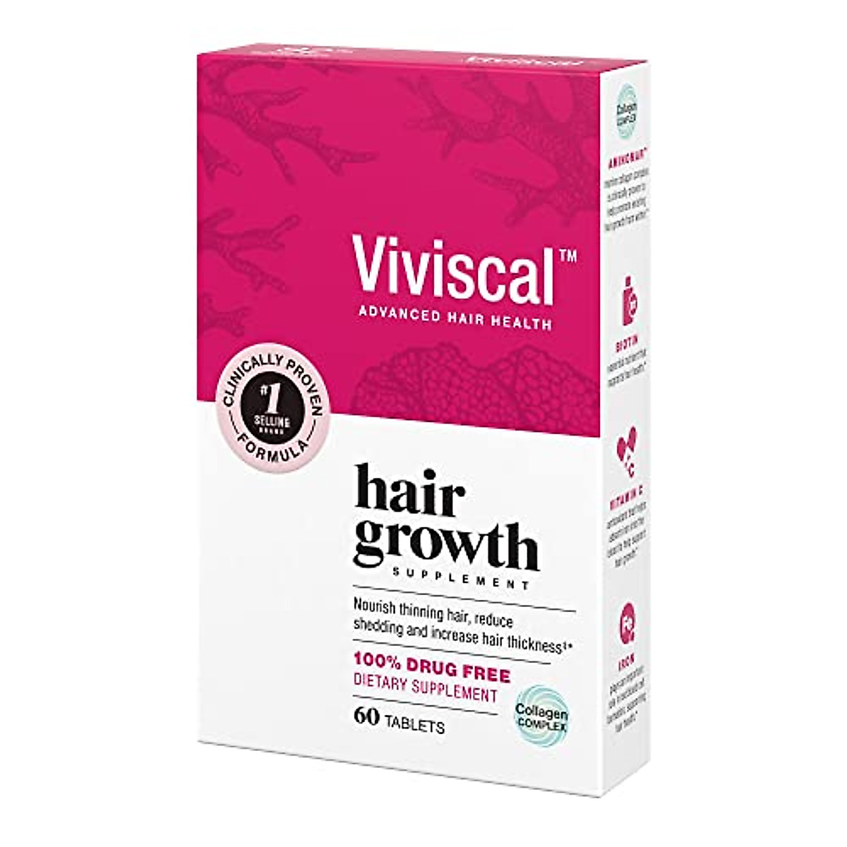 Viviscal Hair Growth Supplements for Women to Grow Thicker, Fuller Hair, Clinically Proven with Proprietary Collagen Complex, 60 Count (Pack of 1), 1 Month Supply