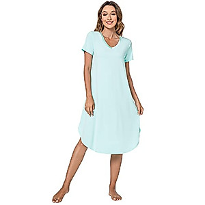 QUALFORT Womens Bamboo Nightgown Short Sleeve Sleepwear V Neck Loungewear Side Slit Soft Nighdress Aqua Green Medium