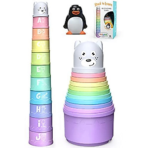 Stacking Cups Toy for Toddler Plus Bonus Squirting Baby Bath Toy & Bear Head Shaker with Numbers, Letters, Patterns, Fun Educational Toys for 6 Months +, 1 2 3 Years