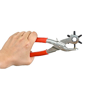 Leather Hole Punch Tool Set Heavy Duty 6 Size Revolving Leather Belt Hand Hole Puncher for Belts, Watch Bands, Straps, Dog Collars, Saddles, Shoes, Fabric, DIY Home or Craft Projects (9'', Silver/Red)