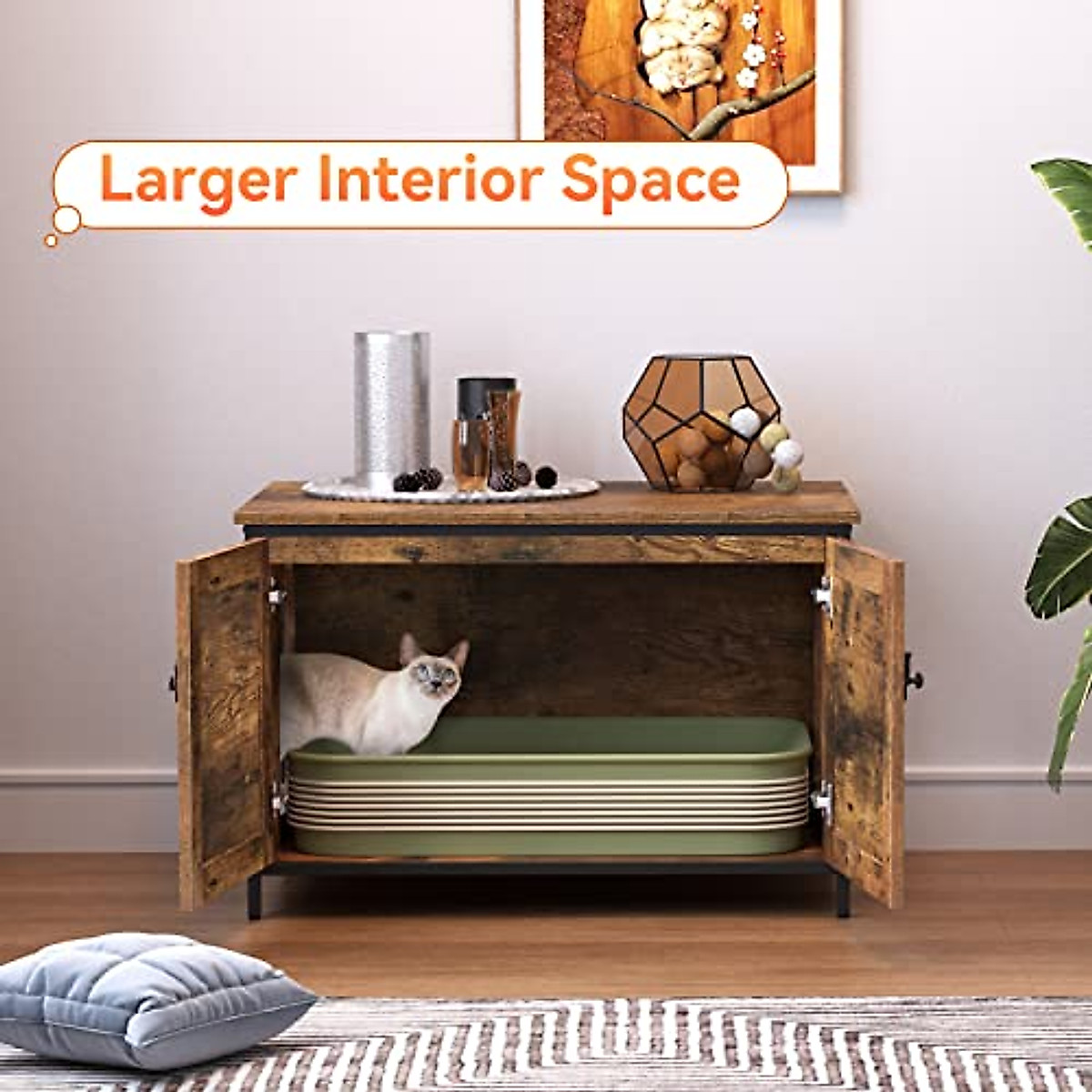 RunLexi Cat Litter Box Enclosure Furniture with Top Opening, Hidden Cat Washroom Furniture for 2 Large Cats, Extra Large Wooden Cat Litter House, Enclosed Modern Litter Box Cabinet, Rustic Brown