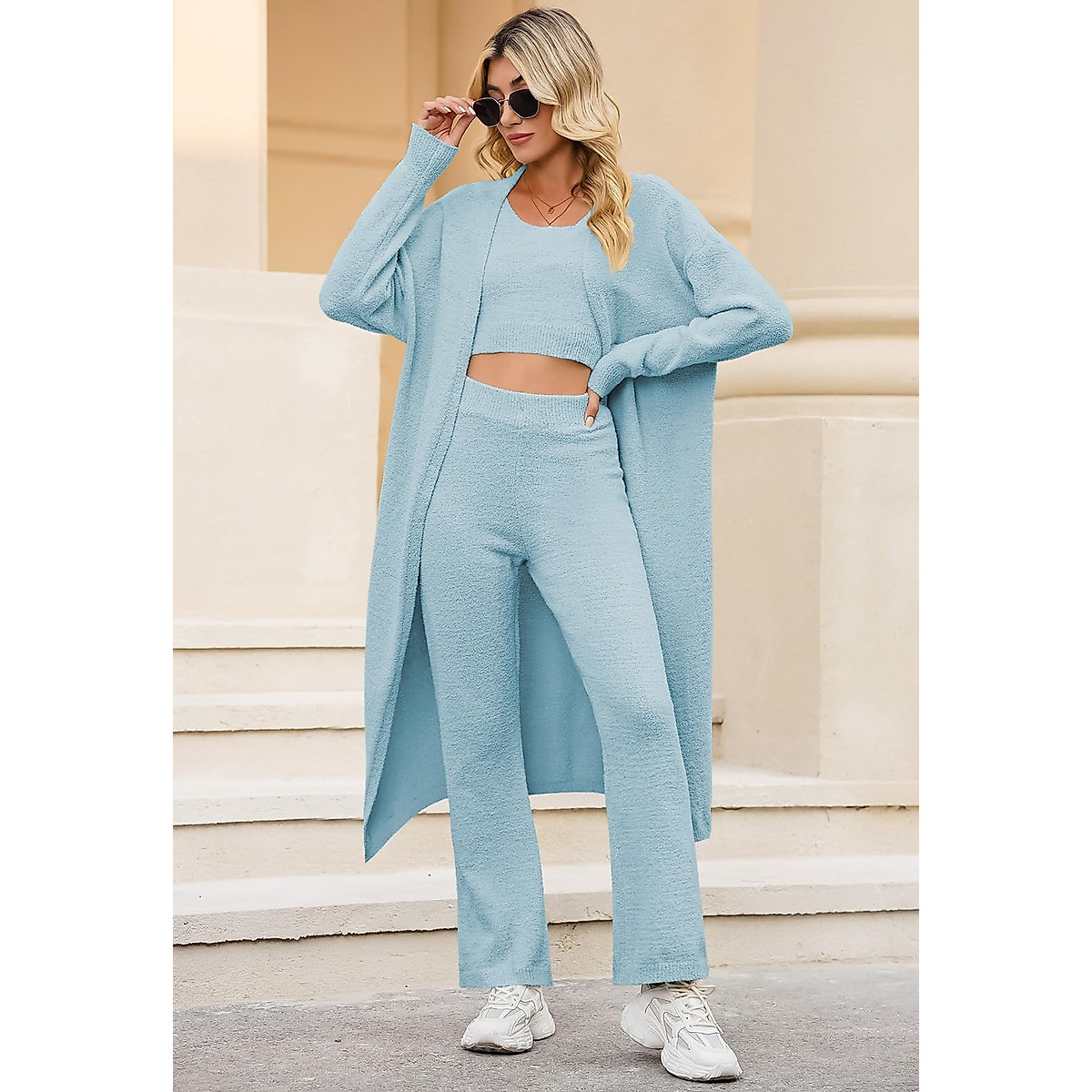 Fixmatti Women Lounge Set 3 Piece Fuzzy Fleece Crop Tops and Pants Open Front Cardigan Pajama Set Light Blue XL