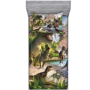NiuOne Dinosaurs Bed Sheets Twin for Boys,3D Realistic Dinosaur Green Fitted Sheets Set Ancient Jungle Dinosaur Bed Sheet Kids Soft Microfiber Bedding Sheets Set,Twin Size(2pc)