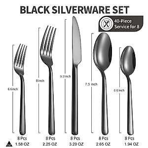40-Piece Black Silverware Set for 8, Heavy-Duty 18/0 Stainless Steel Black Flatware Cutlery Set, Modern Round Handle Black Utensils Set, Dishwasher Safe for Home, Restaurant, Mirror Black, 40-PCS