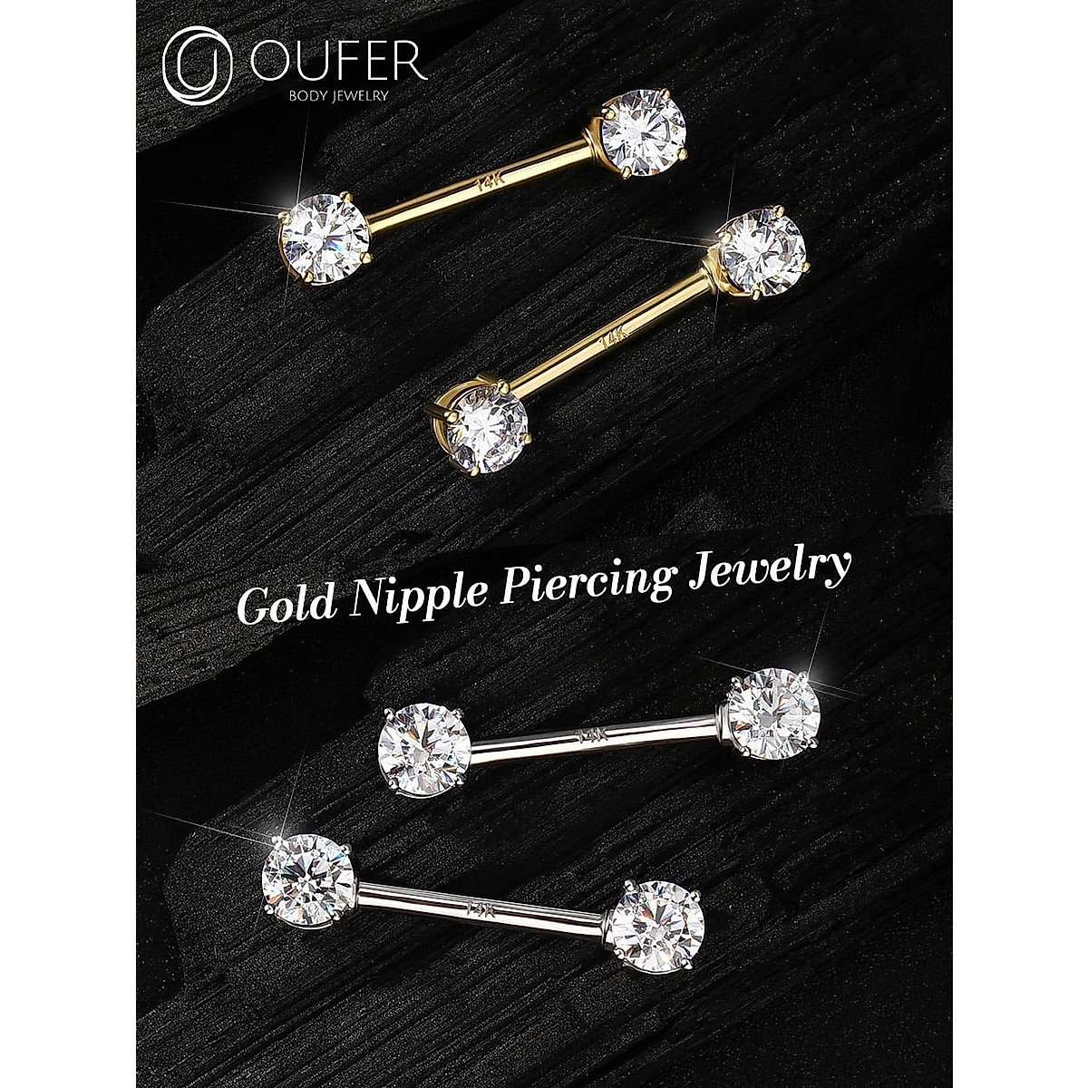 OUFER 2PCS Nipple Rings, 14K Solid Gold Nipple Piercing Jewelry, Clear CZ Nipple Piercing, 14G Nipple Barbells, Nipple Rings For Women Men