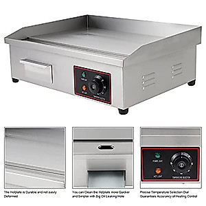 Electric Countertop Flat Top Griddle 3000W 22In Non-Stick Food grade Stainless Steel Commercial Kitchen with Adjustable Temperature Control 122-572℉