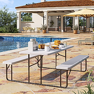 YITAHOME 6FT Large Folding Picnic Table w/Easy Assembly Steel Frame & Wood Like Tabletop, All Weather Folding Picnic Tables with benches Ideal for Yard Patio Lawn Party, White