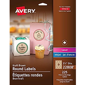 Avery Print-To-The-Edge Kraft Brown Round Gift Labels, 2-1/2 Inch, Pack of 225 (22808)