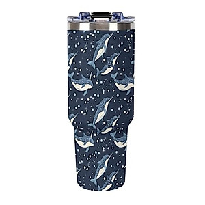 Whales Orcas Narwhals On Navy 40 Oz Tumbler Insulated Stainless Steel Water Bottle Travel Mug Car Cup with Handle And Straw
