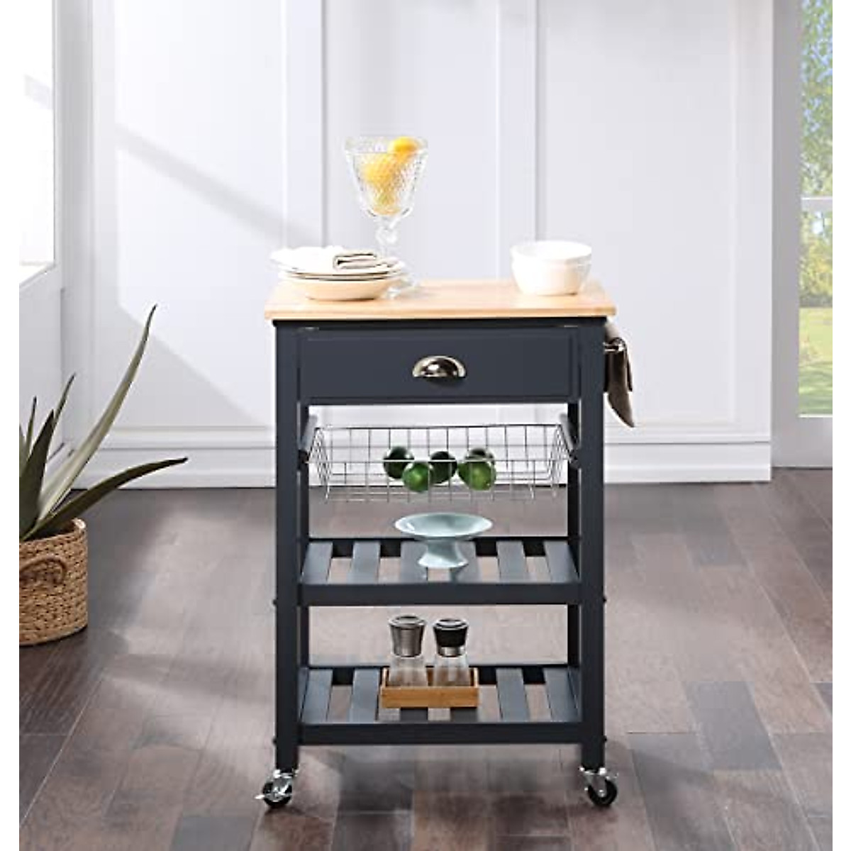 OSP Home Furnishings Hampton Kitchen Cart with Wood Top, Utensil Drawer, Under Cabinet Basket, and 2 Slatted Shelves, Blue Stone Base