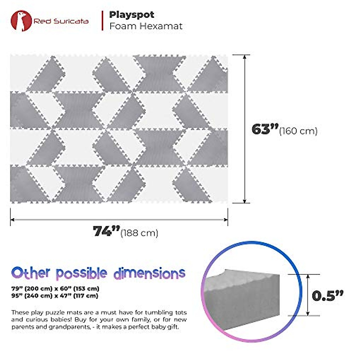 Red Suricata Playspot Foam Hexamat – Geo Interlocking Baby Play Mat - Baby Playmat for Kids, Infants & Toddlers – 79” x 60” or 74” x 63” Rubber Foam Floor Puzzle Mats Tiles (Ghost White/Grey
