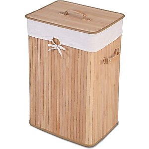 Byroce Bamboo Laundry Basket, Collapsible Laundry Hamper with Lid, Removable Liner & Handles, Dirty Clothes Toys Storage Bin for Laundry Room, Bedroom, Bathroom (Beige)