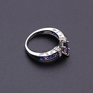 DCFSHEE Fashion Marquise Shape Cut Created Mystic Rainbow Topaz 925 Sterling Silver Plated Promise Ring Jewelry Gifts for Her (US size 10)