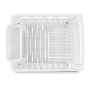 JOEY'Z Extra Large Heavy Duty Sturdy Hard Plastic Sink Set with Dish Rack with Attached Drainboard Cup Holders for Home Kitchen Counter Top Organizer - White (18 3/4" L x 13 3/4" W x 5 1/2")