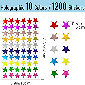 Yidelly 1200 Pack Foil Metallic Star Stickers, 10 Sparkling Colors Self-Adhesive Sticker for Kids Reward, 0.6" Diameter