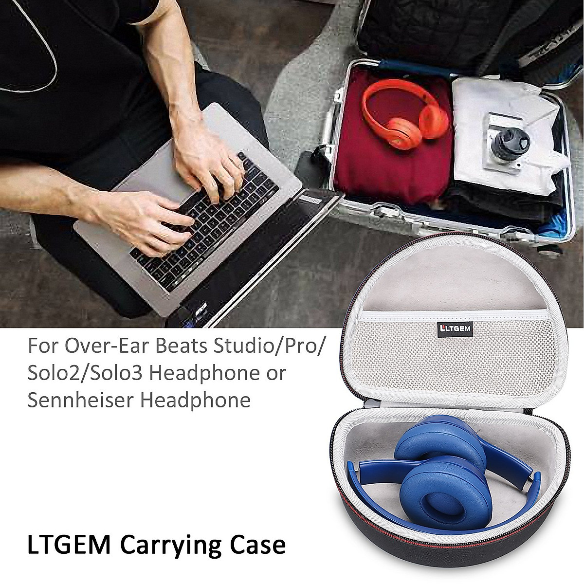 LTGEM Case for Beats Solo 2 / Beats Solo 3 / Beats Studio 3 Headphones, Hard Storage Travel Protective Carrying Bag, Grey