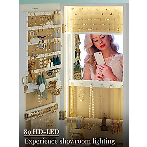 LUXFURNI Mirror with Storage, Jewelry Cabinet Armoire, Door/Wall Mounted LED Jewelry Organizer, Interior Mirror, Lockable, White