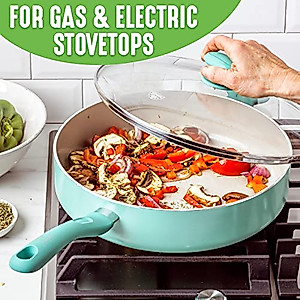 GreenLife Soft Grip Diamond Healthy Ceramic Nonstick, 5QT Saute Pan Jumbo Cooker with Helper Handle and Lid, PFAS-Free, Dishwasher Safe, Turquoise