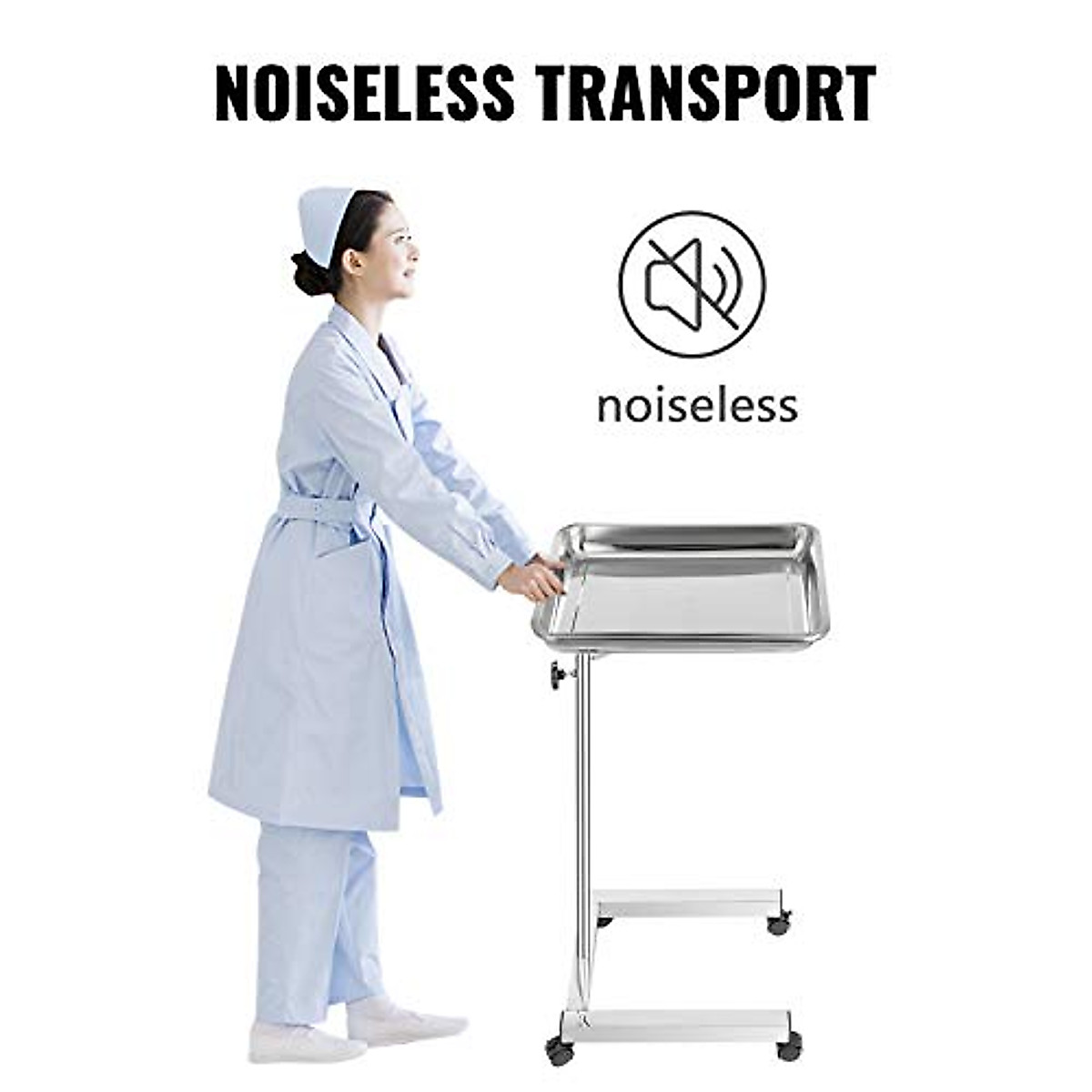 VEVOR Lab Cart Stainless Steel Mayo Tray Stand 18x14 Inch Trolley Mayo Stand Adjustable Height 32-51 Inch Instrument Tray with Removable Tray & 4 Omnidirectional Wheels for Home Equipment Personal Car