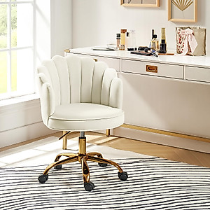 HULALA HOME Velvet Home Office Chair with Gold Base, Womans Modern Cute Shell Back Upholstered Desk Chair for Vanity, Adjustable Swivel Task Chair for Living Room, Ivory Chair for Desk