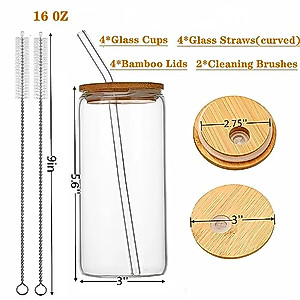 Benestanti 4 pcs Glass Cups with Bamboo Lids and Straws-16 oz Glass Tumbler with Straw and Lid & Cleaning Brush,Iced Coffee Cups with Lids Ldeal for Smoothie Beer Cocktail Whiskey Tea Juice Gift