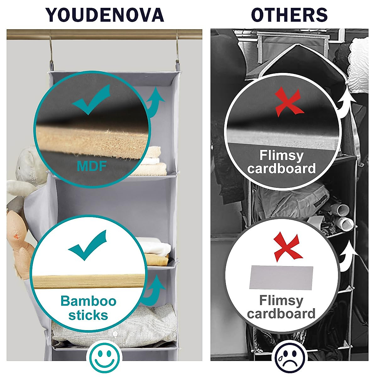 YOUDENOVA Hanging Closet Organizer, 6-Shelf Closet Hanging Storage Shelves, 2 Packs, Light Grey