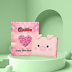 CONISY Cute Wallets for Women, Leather RFID Blocking Small Trifold Wallet with ID Window for Girls and Ladies Womens Wallet -Pig (Pink)