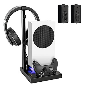 Cooling Fan Stand for Xbox Series S Console with Dual Cooler System, Vertical Charging Station Dual Controller Charger Dock with 2x1400mAh Rechargeable Battery Pack,1 Headset Hanger &4 Type C Adapter