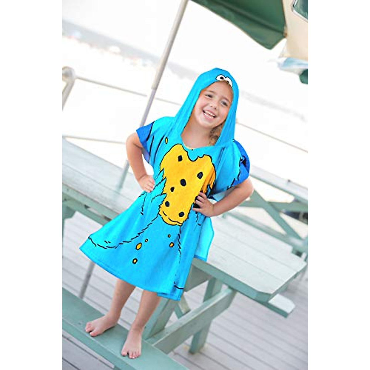 Jay Franco Sesame Street Cookie Monster Kids Bath/Pool/Beach Hooded Poncho - Super Soft & Absorbent Cotton Towel, Measures 28 x 28 Inches (Official Sesame Street Product)