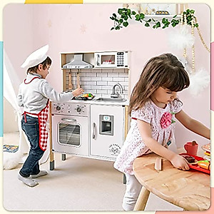 Tiny Land Play Kitchen for Kids, Wooden Kids Play Kitchen Playset Chef Pretend Play Set for Toddlers with Real Lights & Sounds, Toys Kitchen with 18 Pcs Toy Food & Cookware Accessories