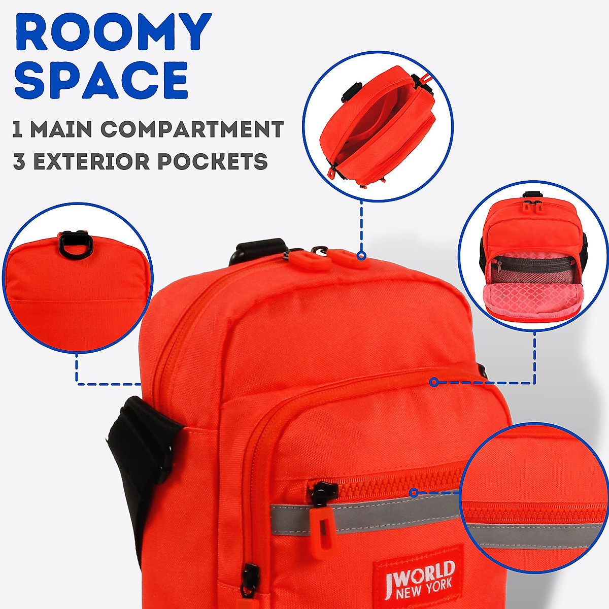 J World New York Crux Mini Crossbody Bags for Women and Men – 5.9 x 3.5 x 7.9 Inch Sling Bag with Adjustable Shoulder Strap – Modern Cross Body Bag with Zippered Front Pocket – Front Reflective Tape (WARM RED)