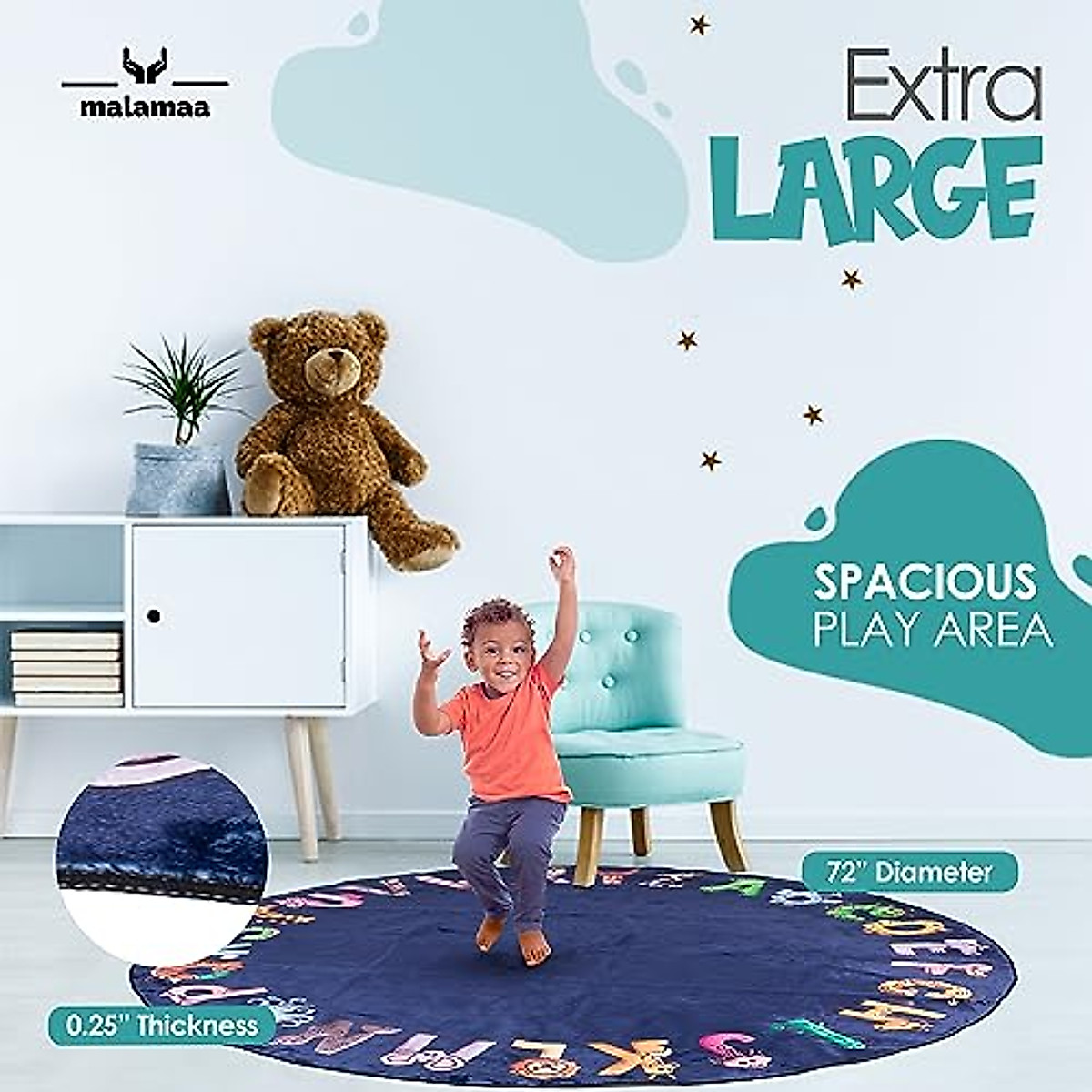 ABC Rug for Kids XL 6 ft, Toddlers and Baby - Use in Nursery and Classroom to learn the alphabet - Nursery Rug, Alphabet Rug, Kids Rugs for Playroom, Rugs for Classroom, Play Rug (Circle Blue)
