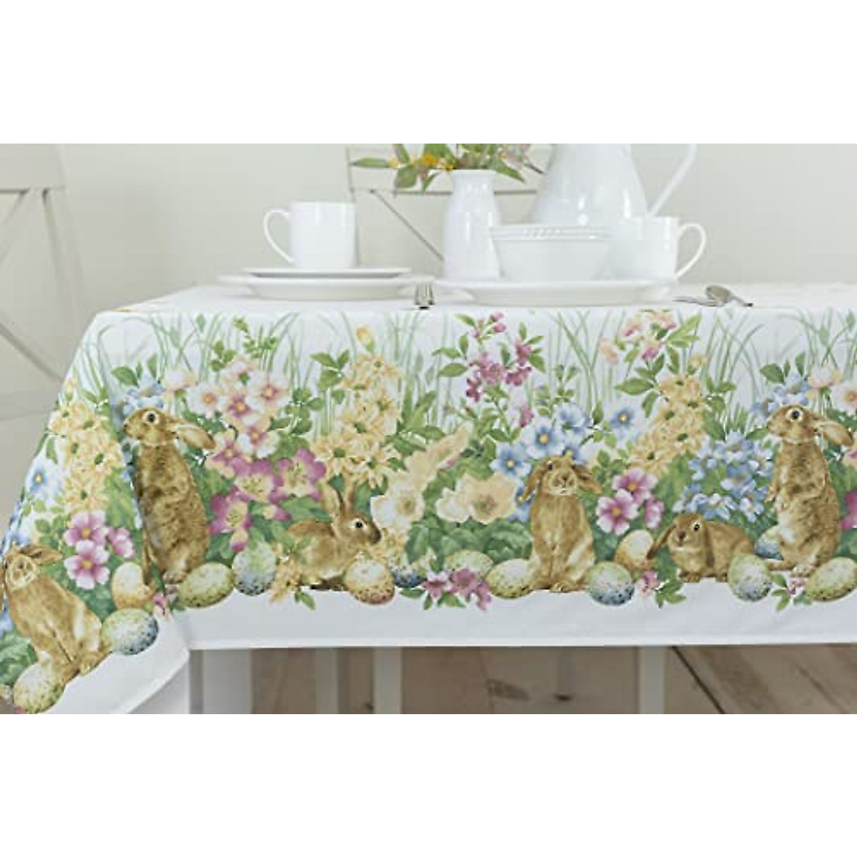Benson Mills Blooming Bunnies Fabric Easter Tablecloth, Spillproof Indoor/Outdoor Spring and Easter Table Cloth (Blooming Bunnies, 60" X 120" Rectangular)