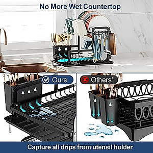 iSPECLE Dish Drying Rack with Drainboard - 2 Tier Dish Racks for Kitchen Counter with Cup Holder, Rust-Resistant Dish Drainer with Utility Hooks, Utensil Holder and Cutting Board Holder, Black