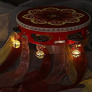 Hanfu Hand Drum with Red Ribbon Retro Tambourine Ancient Accessories Hand-Held Ribbon Drum