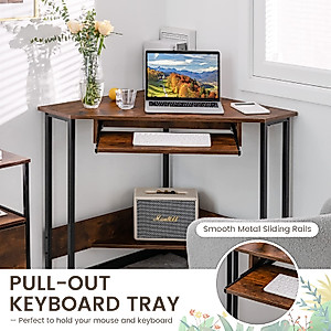 MEDIMALL Triangle Computer Desk, Small Corner Writing Table with Power Outlets, Keyboard Tray & Storage Shelf, Strong Metal Frame, Home Office Workstation Gaming Desk for Small Spaces, Rustic Brown