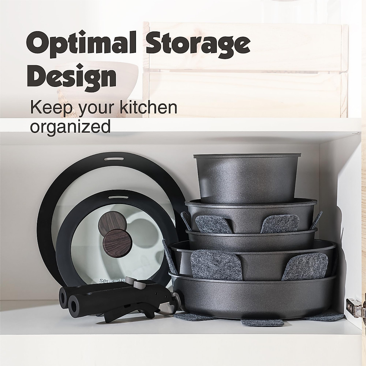 SENSARTE 17 Piece Pots and Pans Set, Nonstick Detachable Handle Cookware, Induction Kitchen Cookware Set with Removable Handle, Healthy Non Stick RV Cookware, Dishwasher ＆ Oven Safe, PFOA Free (Black)