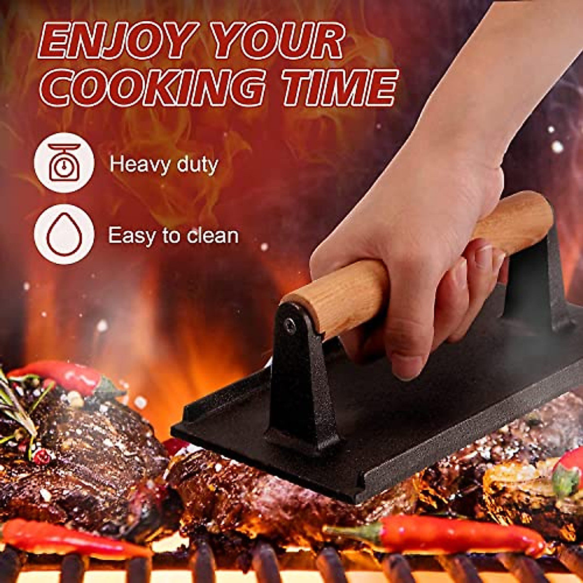 3 Pack Cast Iron Grill Press Bacon Press 8 x 4 Inch +Glove+ Pre Seasoned Burger Press Sandwich Press Meat Press for Griddle, BBQ, Burgers, Bread, Steaks