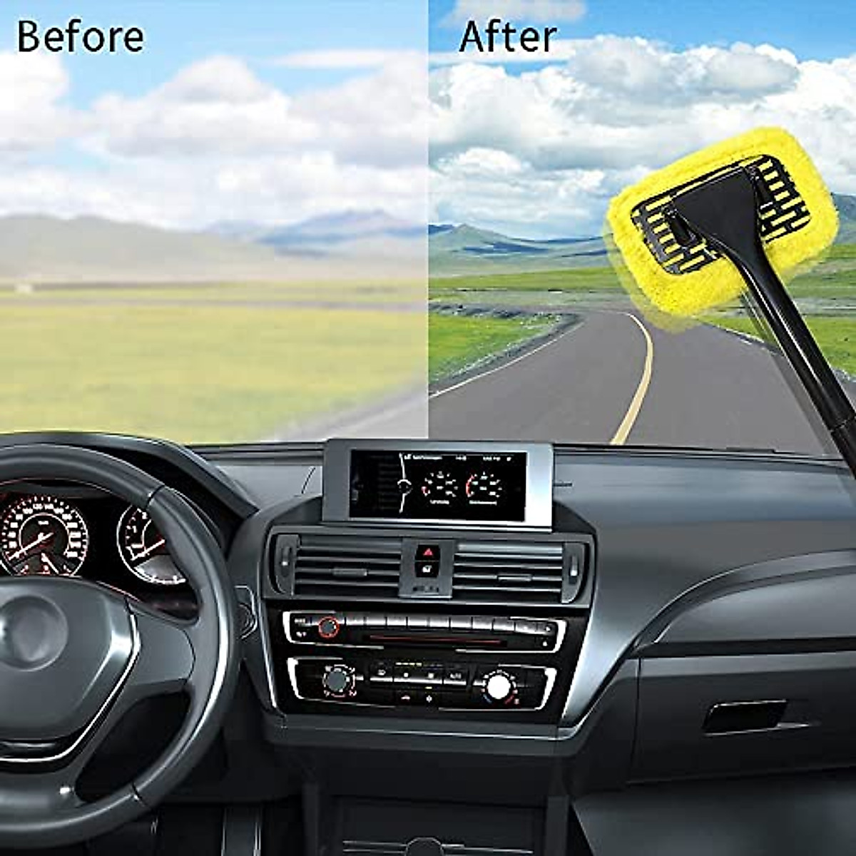 Sonrinss Windshield Cleaning Tool, Car Window Cleaner Auto Glass Cleaner Car Windshield Brush with 2 Washable Reusable Cloth and Spray Bottle for Home & Car Interior Exterior Use