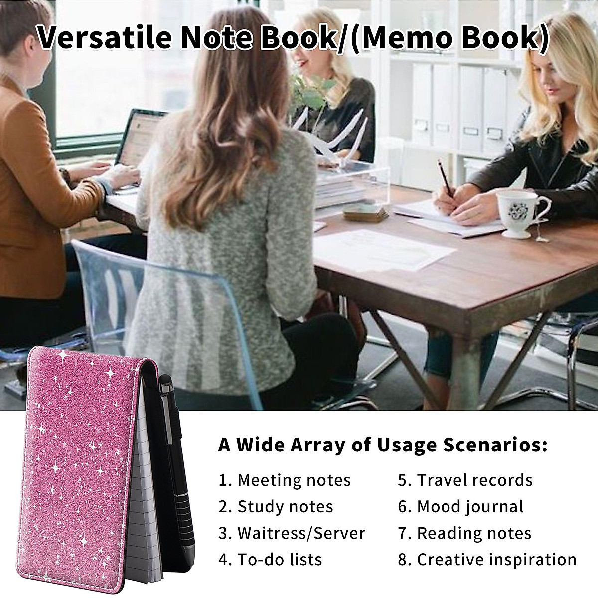 RYUITHDJP Small Memo Pad Notepad with Bling Theme, Mini Pocket Notepad Holder + 1 Pen + 2 Pieces Memo Book Refills 30 Lined Paper Note Pad