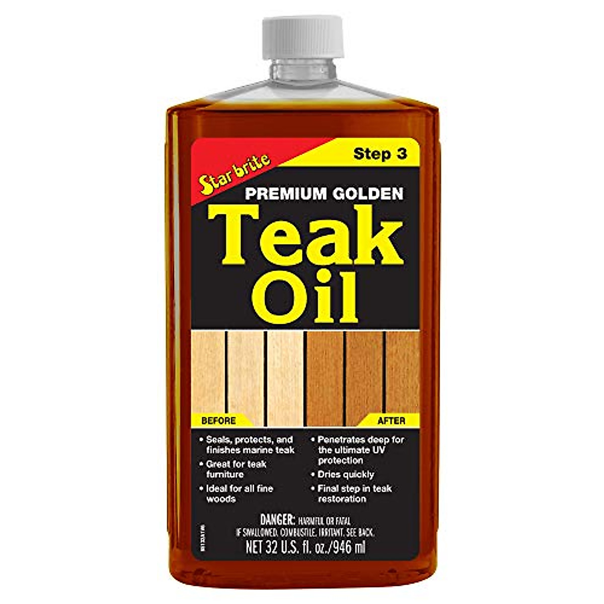 STAR BRITE Premium Golden Teak Oil - Ultimate Sealer, Preserver & Finish for Outdoor Teak & Fine Woods - Ideal for Boats, Furniture, Shower Stools - 32 OZ (085132)