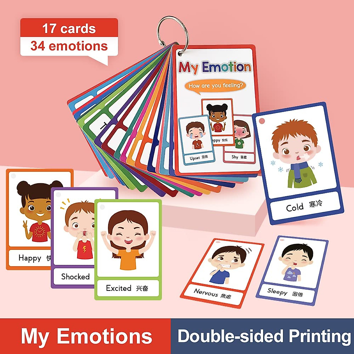 Richardy My Emotion English Words Educational Flash Cards Feelings Expressing Vocabulary Building Homeschool Kindergarten Supplies Kids Toddlers Learning Toys 17 Cards 34 Words