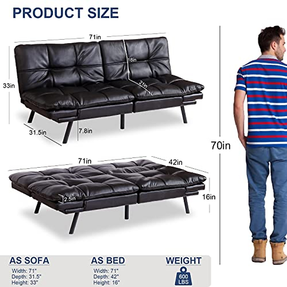 QAIIOO Futon Couch Modern Convertible Memory Foam, Faux Leather Loveseat Folding Sleeper Sofa Bed, Apartment, Dorm, Bonus Room, 71" D x 33" W x 31.5" H, Black 03