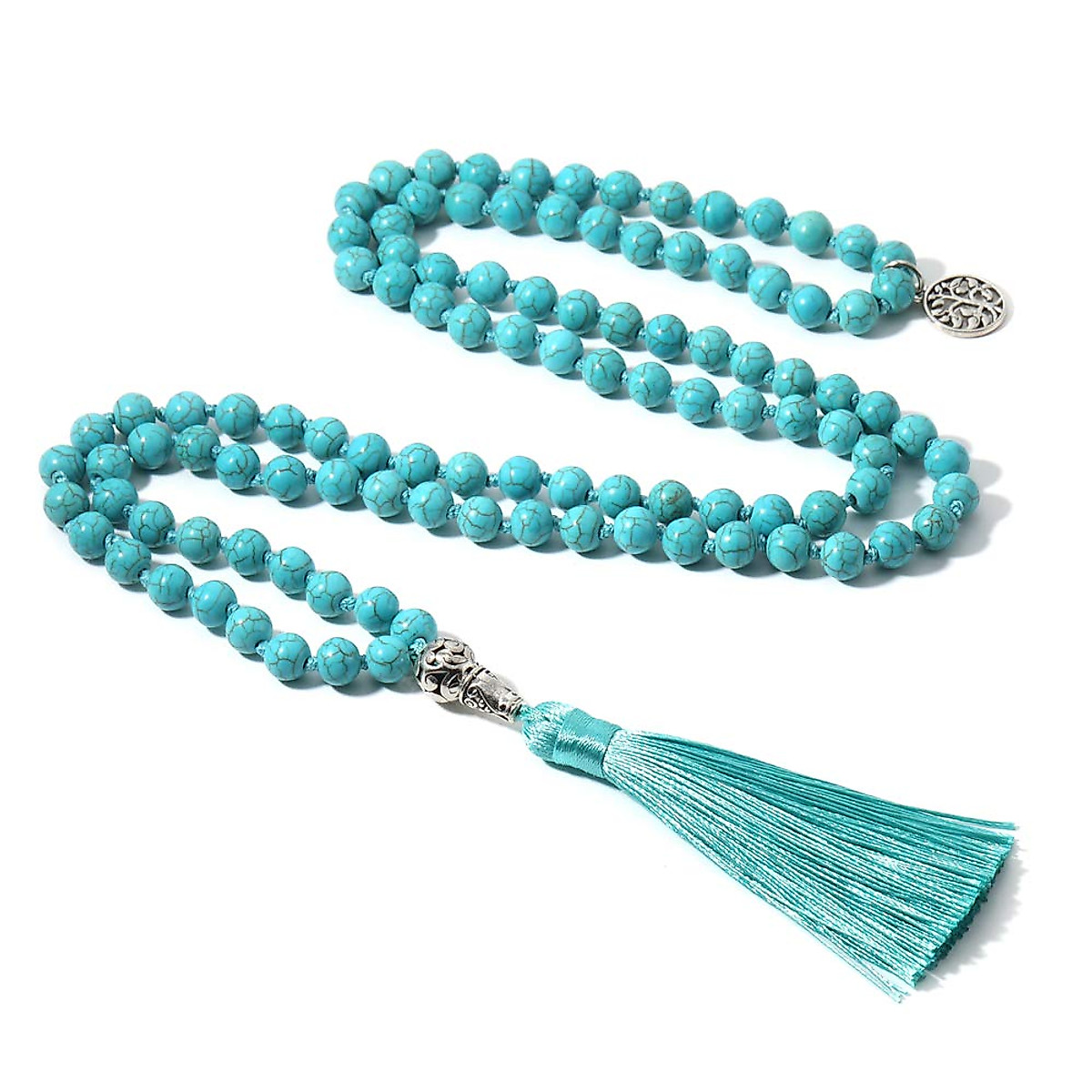 OAIITE 108 Mala Beads Necklace Semi-Precious Gem Stones Turquoise Necklace 108 Hand Knotted Japa Mala Beaded Tassel Necklace with Tree of Life Pendant