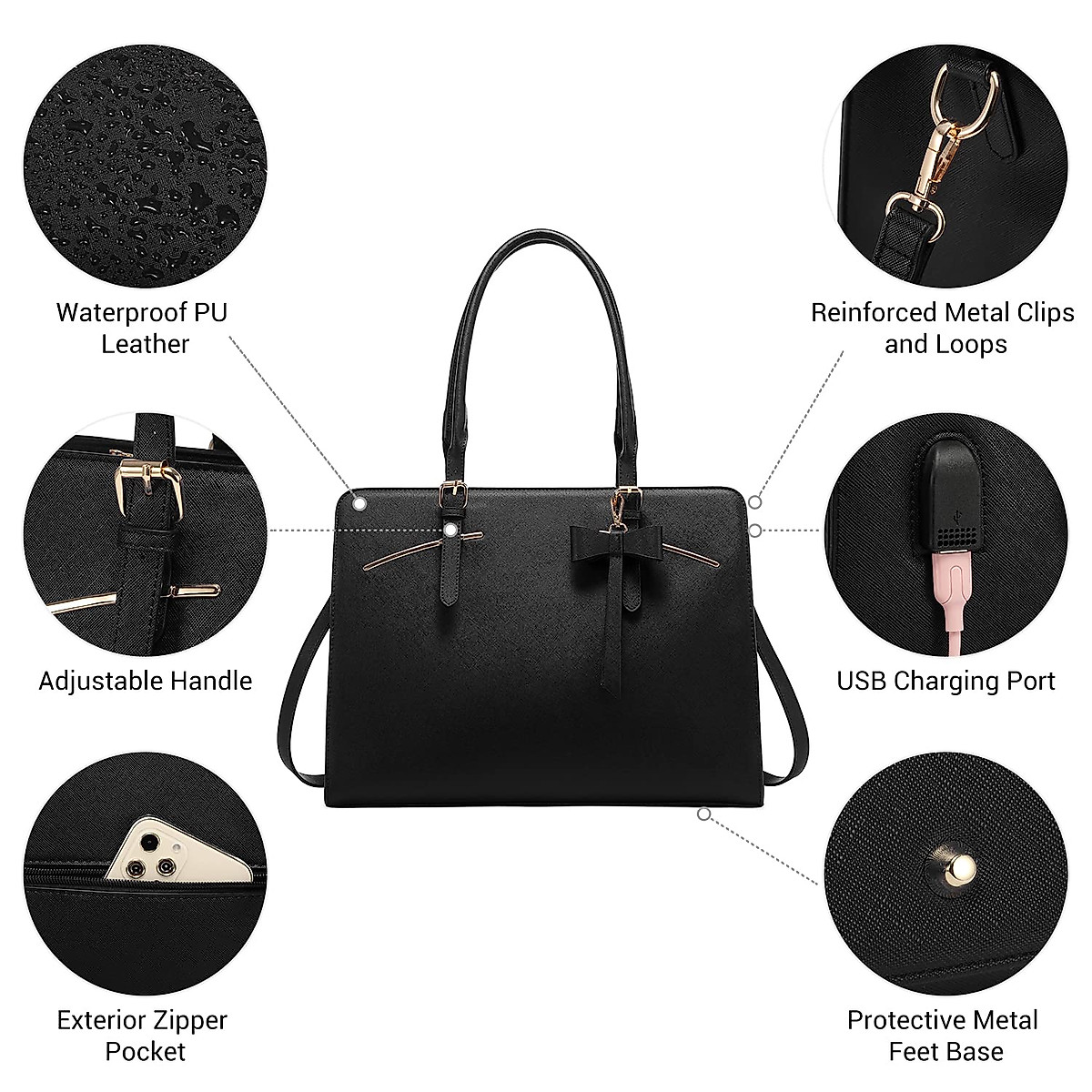 LOVEVOOK Laptop Bag for Women Work, Large Leather Laptop Tote Bag, 15.6 Inch Briefcase Purse Computer Bag with USB Charging Port, Business Office Handbag Shoulder Bag 2pcs Set, Black