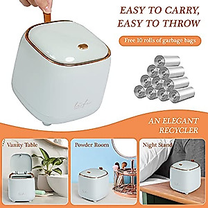 BITOSEE Mini Countertop Trash Can with 10 Rolls of Trash Bags, Waste Can with Press Type Lid, Desktop Trash Can Applicable for Bathroom Vanity,Coffee Table,Offices,Waste Basket (Trash Can-Blue)